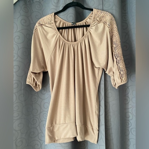 Poof! | Tops | Poof Crochet Sleeve Tan Top Size 2x | Poshmark